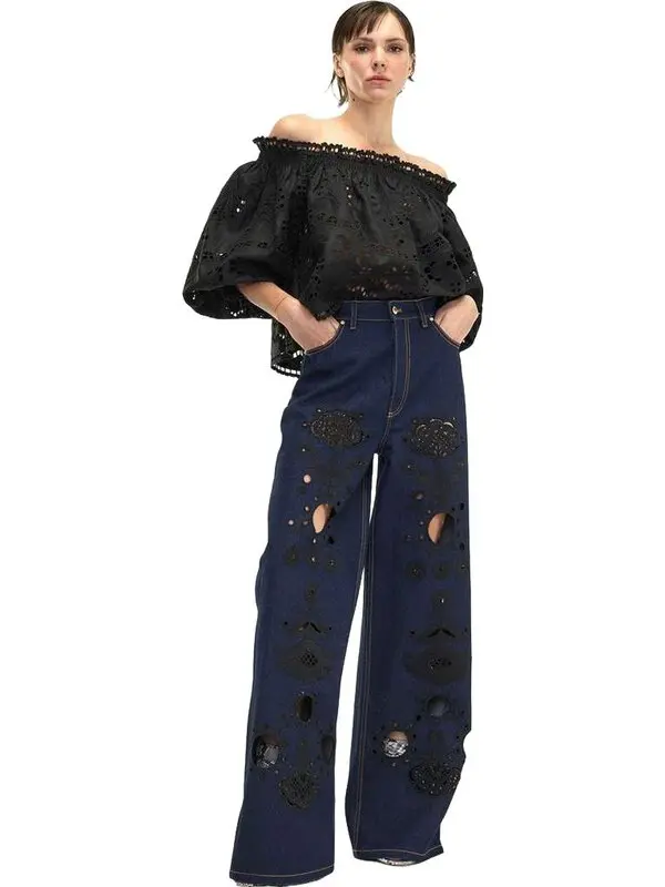 Cynthia Rowley Embroidered Wide-leg Jeans - Navy/black