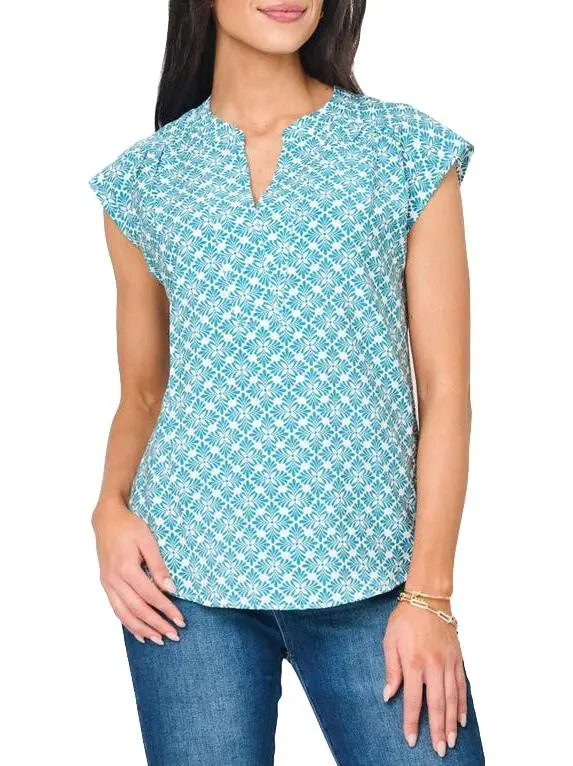 GIBSONLOOK Split Neck High-low Top - Teal Leaf Tile