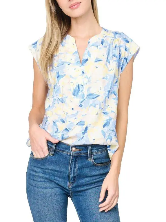 GIBSONLOOK Split Neck High-low Top - Yellow/navy Floral