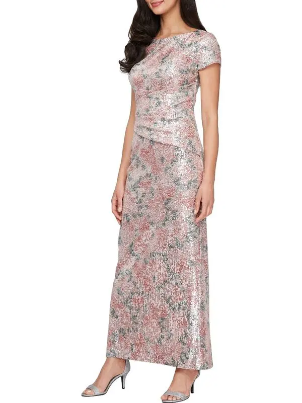 Alex Evenings Rose Print Sequin Gown - Blush Multi