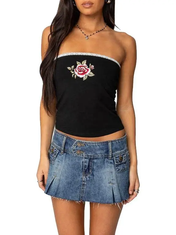 EDIKTED Enora Rose Embroidered Tube Top - Black