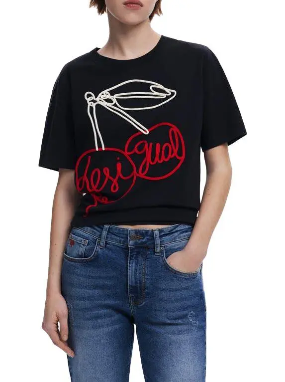 Desigual Cherry Embellished Graphic T-shirt - Black