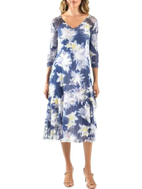 Komarov Floral Charmeuse & Chiffon Cocktail Dress - Indigo Rain