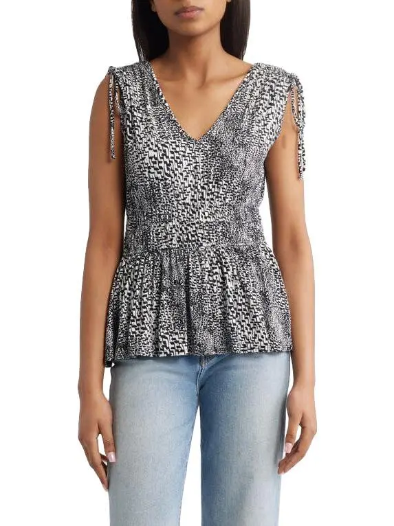 Loveappella Printed Peplum Jersey Top - Ivory/ Black