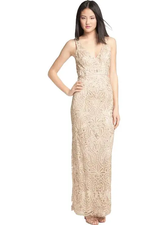Sue Wong V-neck Embellished Gown - Antique Champagne