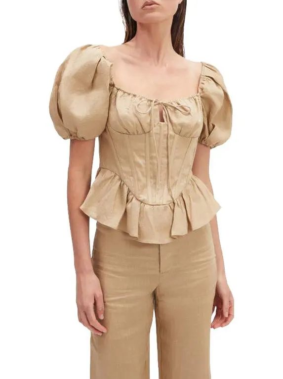 Bardot Esra Puff Sleeve Linen Corset Top - Latte