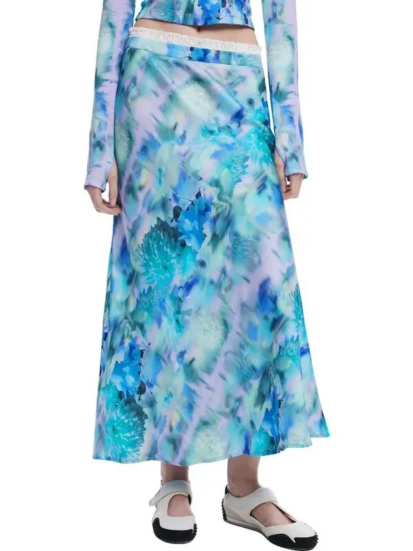 Desigual Floral Print Midi A-line Skirt - Blue