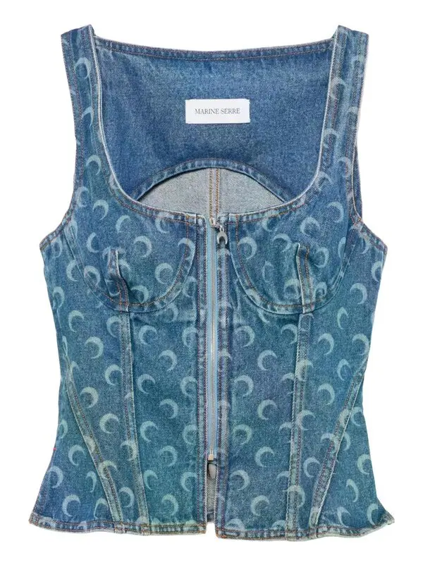 MARINE SERRE Moon Laser Denim Bustier Top - Blue