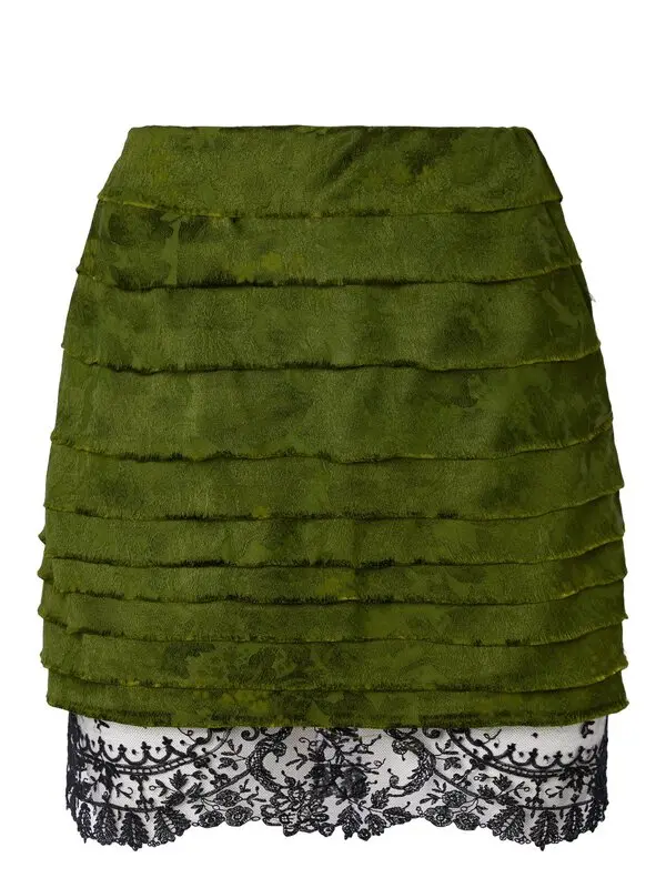 Saint Laurent Layered Lace-trimmed Jacquard Mini Skirt - Green