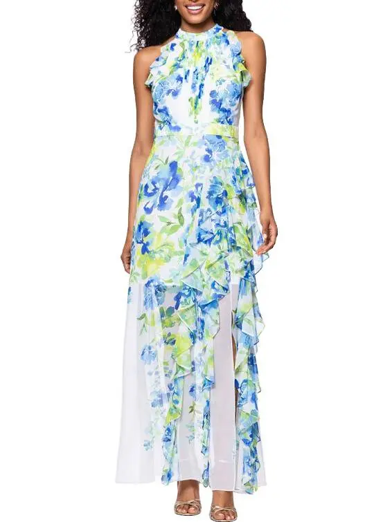 Betsy & Adam Print Ruffle Gown - Aqua/ Multi