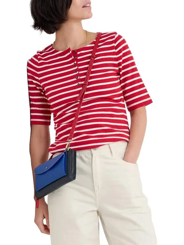 SEASALT CORNWALL Early Orchid Stripe Cotton Rib Henley - Breton Scarlet Chalk