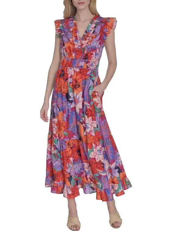 Vince Camuto Floral Print Ruffle Dress - Purple Multi
