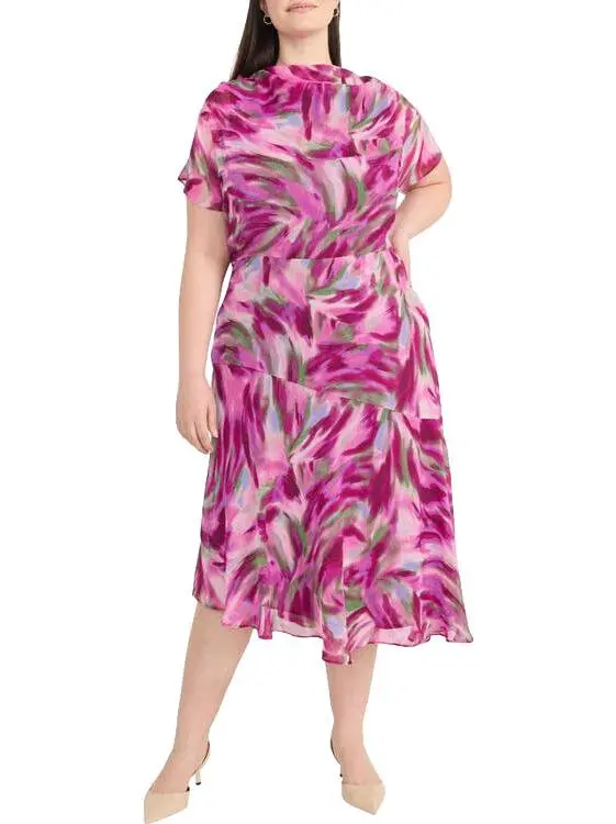 Maggy London Abstract Print Asymmetric Chiffon Midi Dress - Perri/ Purple