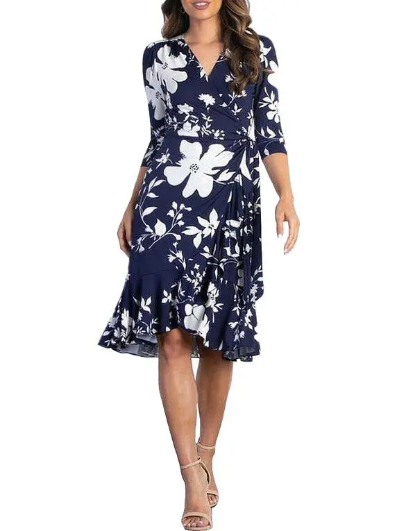 KIYONNA Flirty Flounce Midi Wrap Dress - Navy Floral Print