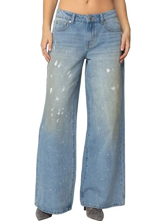 EDIKTED Paint Splatter Wide Leg Jeans - Light-blue