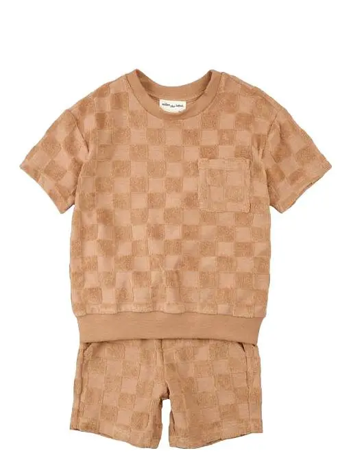 MILES THE LABEL Check Terry Shirt & Shorts Set - Camel