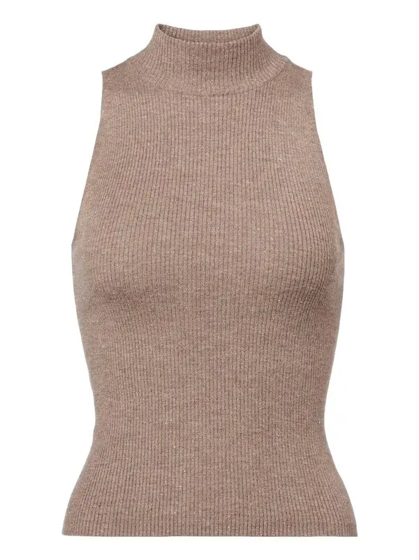 Brunello Cucinelli Ribbed Knit Mock Neck Top - Brown