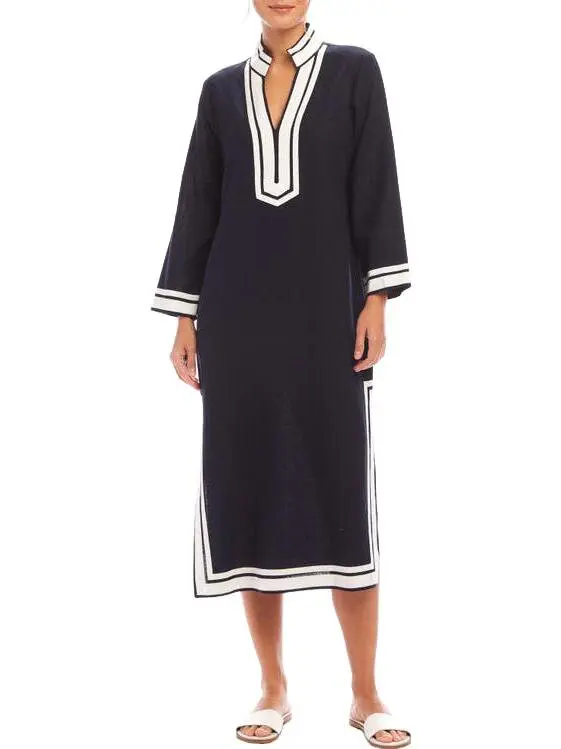 Karen Kane St. Tropez Linen Blend Midi Dress - Navy W/ Off White