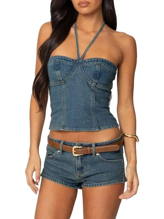 EDIKTED Jagger Denim Bustier Halter Top - Blue-washed