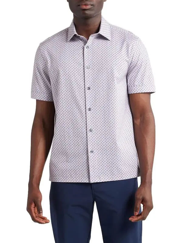 Bugatchi Miles Ooohcotton® Geometric Print Short Sleeve Button-up Shirt - Cement