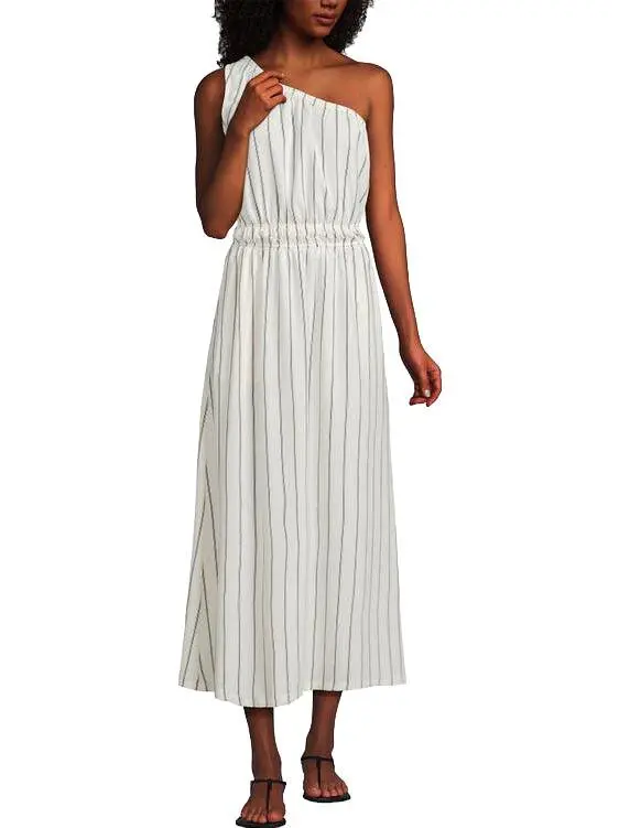 LANDS' END Creaseless One-shoulder Midi Dress - Ivory/black Stripe
