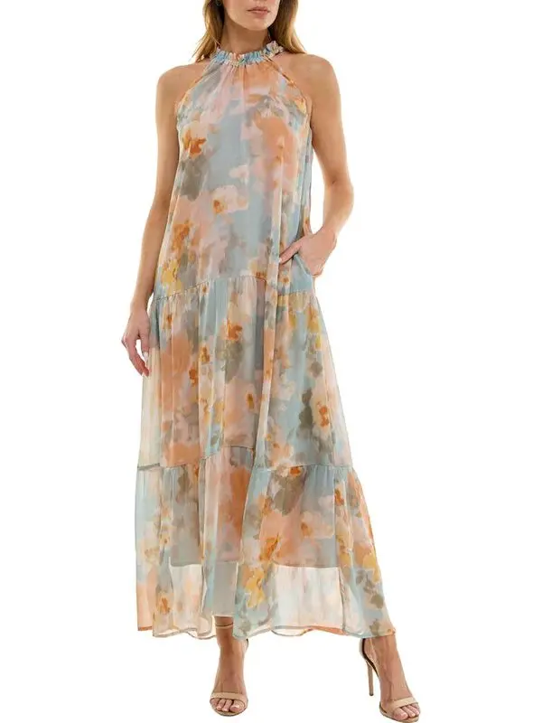 SOCIALITE Tiered Floral Maxi Halter Dress - Turquoise/ Yellow