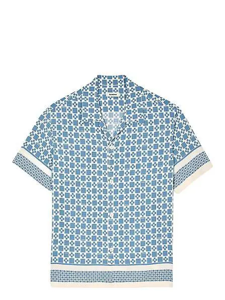 Sandro Square Cross-print Short-sleeve Satin Shirt - Bleus