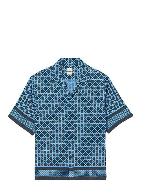 Sandro Square Cross-print Short-sleeve Satin Shirt - Sky Blue