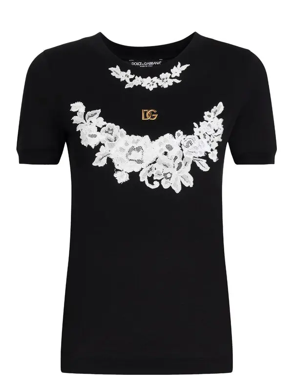 Dolce & Gabbana Jersey T-shirt With Dg Logo And Lace Details - Black