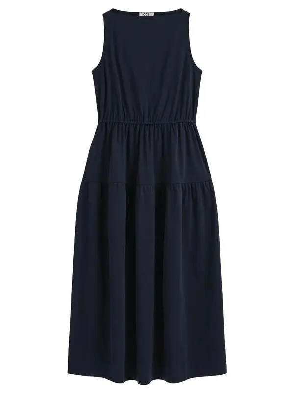 Cos Boat-neck Gathered Midi Dress - Navy