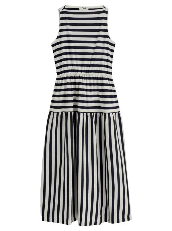 Cos Boat-neck Gathered Midi Dress - Navy/white