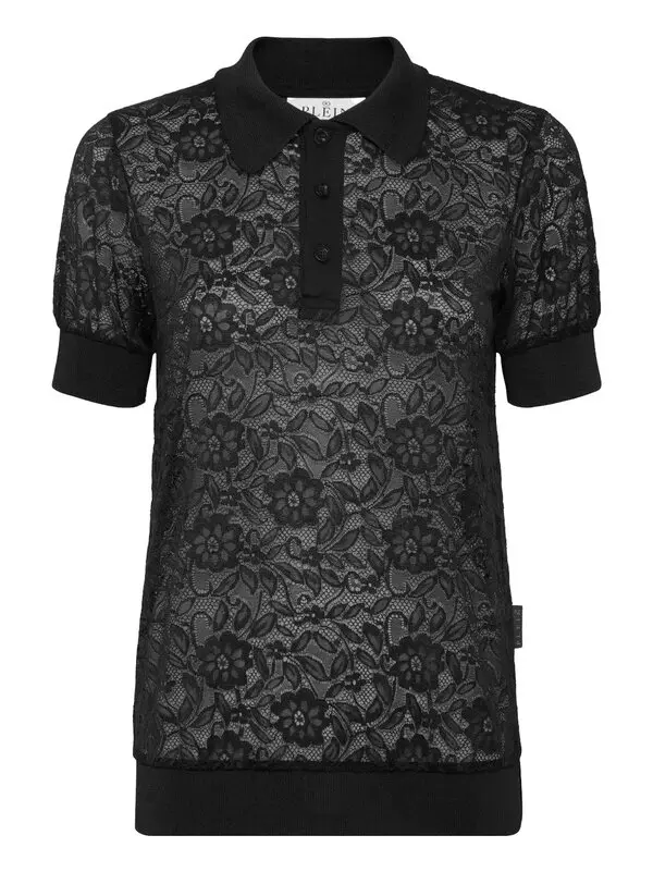 Philipp Plein Lace Polo Top - Black