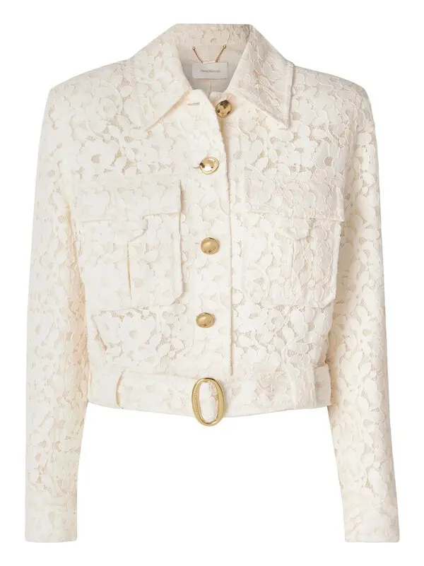 Zimmermann Illuminate Belted Cropped Corded Lace Jacket - Cream