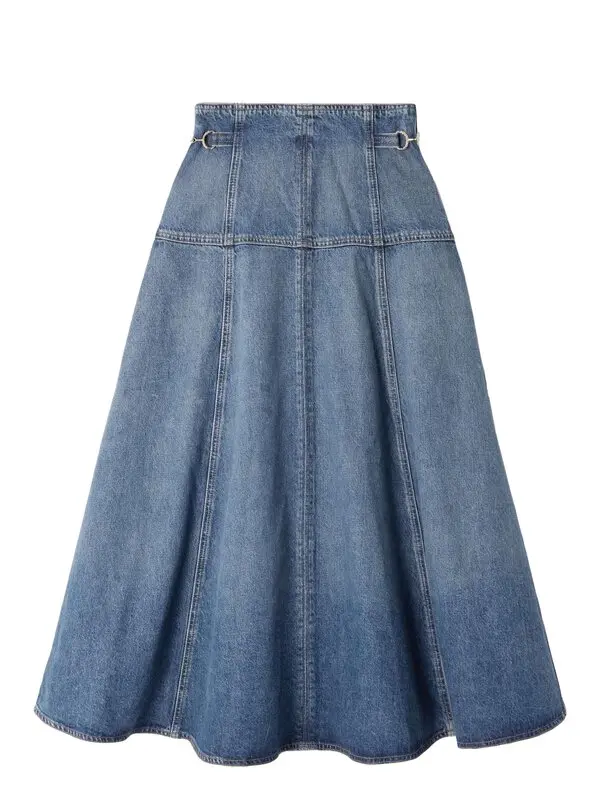 Ulla Johnson The Brigette Embellished Paneled Denim Midi Skirt - Mid Denim