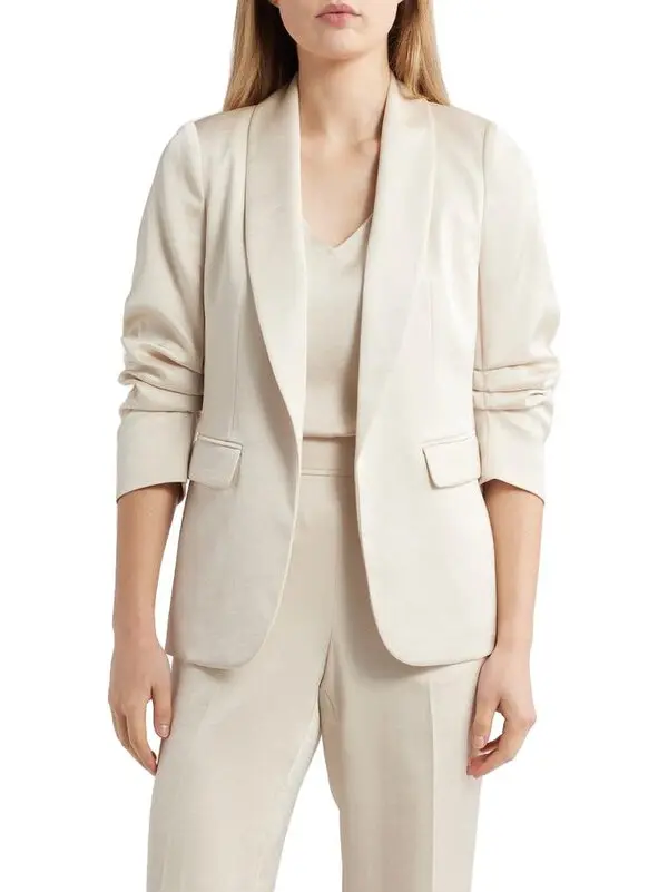 Anne Klein Ruched Sleeve Satin Blazer - Light Parchment