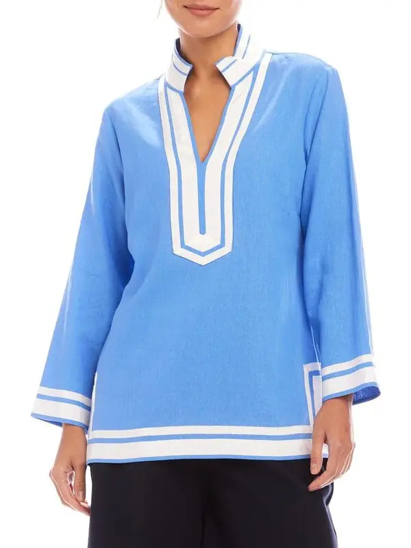 Karen Kane St. Tropez Linen Blend Tunic - Blue W/ White