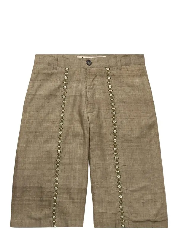 KARTIK RESEARCH Straight-leg Embellished Slub Silk-voile Shorts - Green