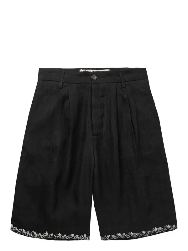 KARTIK RESEARCH Straight-leg Pleated Embroidered Linen Shorts - Black