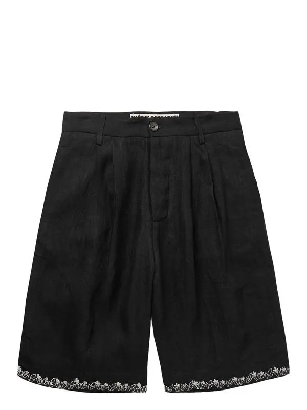 KARTIK RESEARCH Straight-leg Pleated Embroidered Linen Shorts - Black
