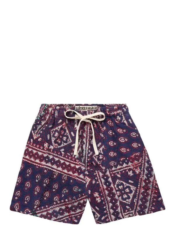 KARTIK RESEARCH Straight-leg Patchwork Printed Kantha Cotton Drawstring Shorts - Blue