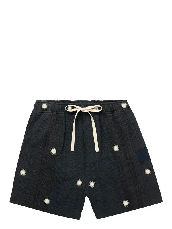 KARTIK RESEARCH Straight-leg Embellished Kantha Cotton Shorts - Black