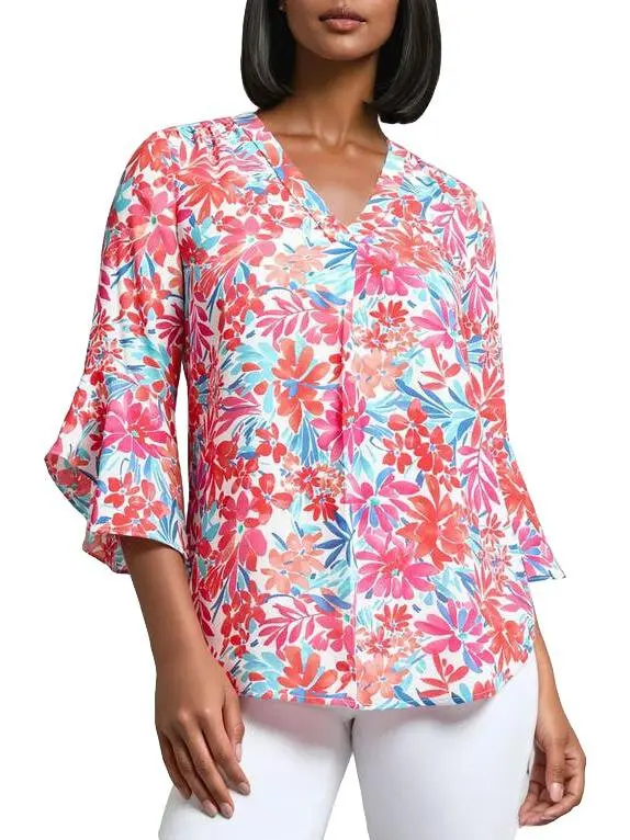 Jones New York Floral V-neck Tunic Top - Coral Sun Multi