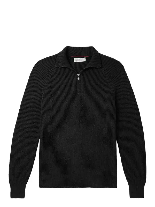 Brunello Cucinelli Ribbed Cotton Half-zip Sweater - Black