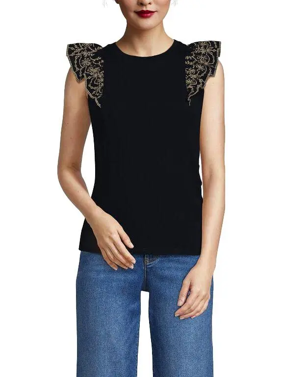 LANDS' END Embroidered Ruffle Tank - Black