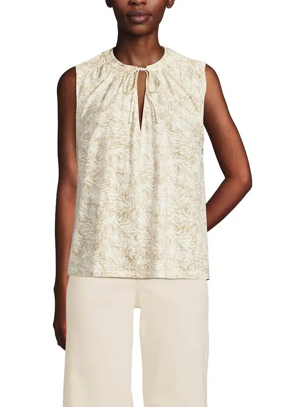 LANDS' END Linen Blend Notch Neck Swing Tank Top - Champagne Leaf Scroll