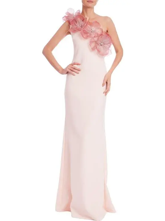 Badgley Mischka Floral Appliqué Stretch Crepe Gown - Blush Multi
