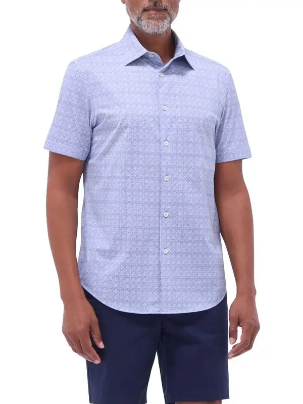 Bugatchi Miles Ooohcotton® Mosaic Print Short Sleeve Button-up Shirt - Steel