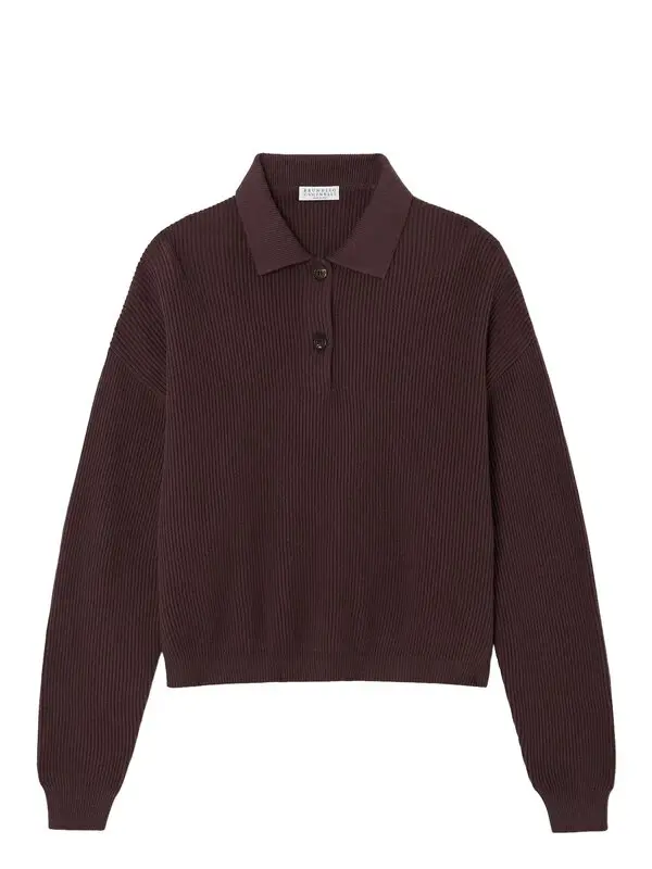 Brunello Cucinelli Ribbed Cotton Polo Sweater - Brown