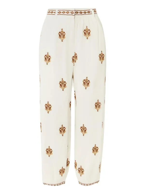 Farm Rio Anchor Tapestry Embroidered Georgette Tapered Pants - Neutrals