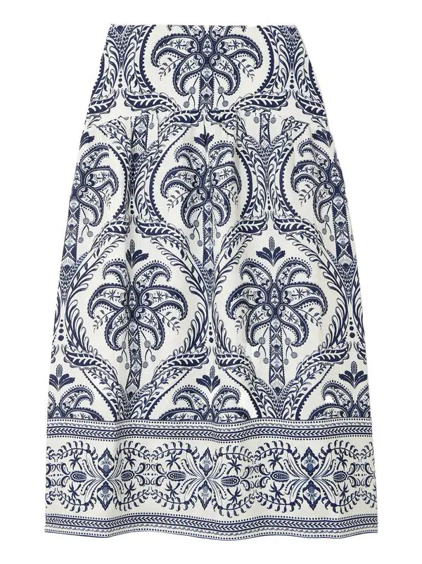 Farm Rio Tripical Cameo Shirred Printed Linen Midi Skirt - Blue
